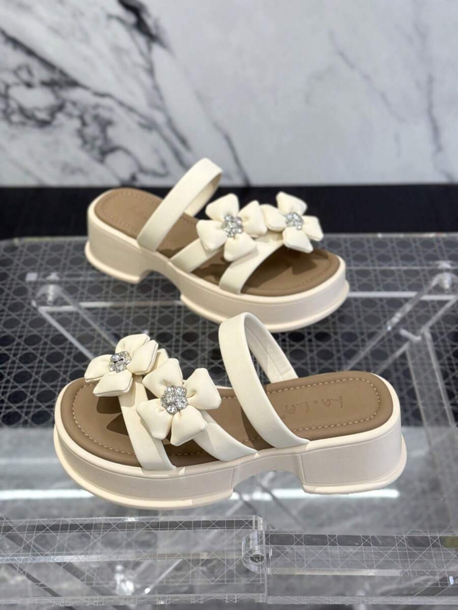 Women Sparkling Diamond Flower Sandals With Chunky Heel And Platform ...
