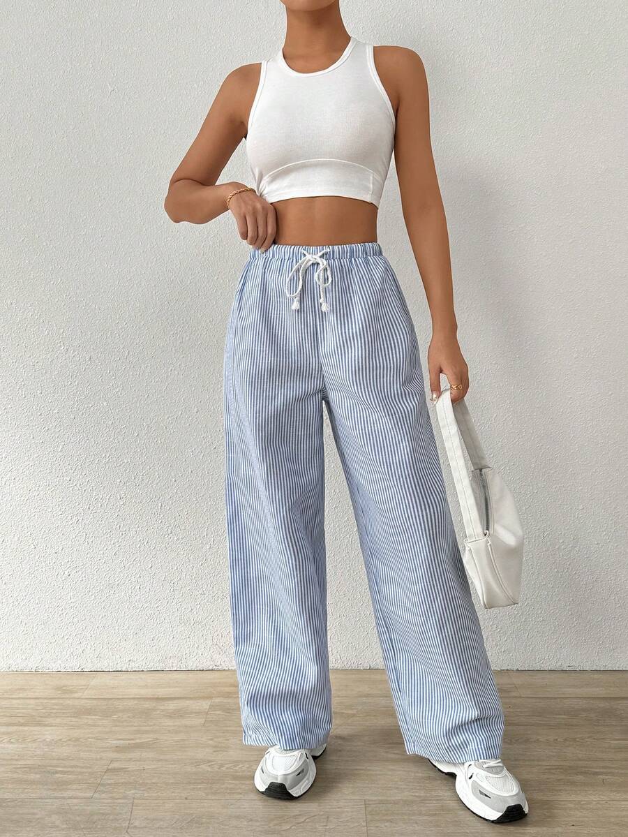 SHEIN EZwear Striped Women's Linen Low Rise Pants, Summer Vocation ...