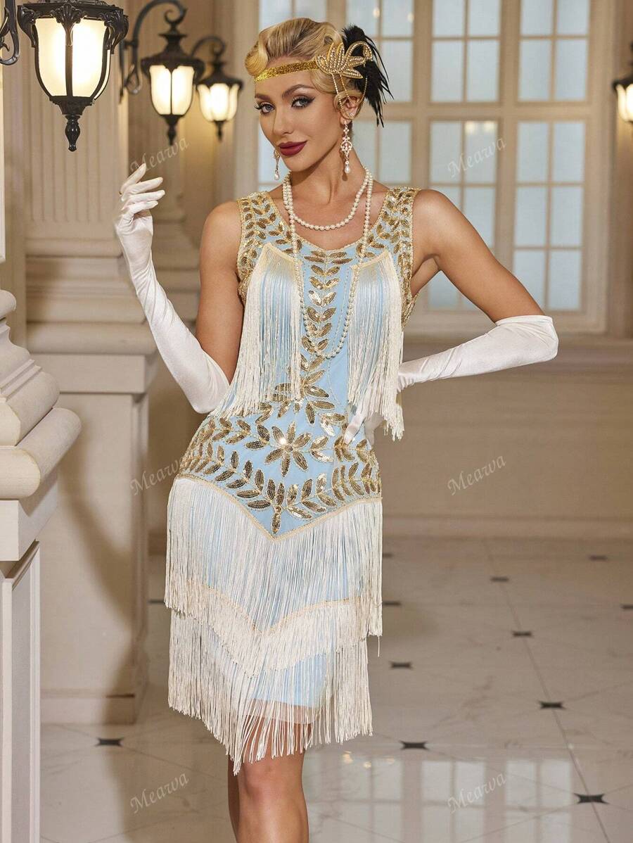 1920s Vintage Sequined Embroidered Tassel Formal Cocktail Dress Elegant ...