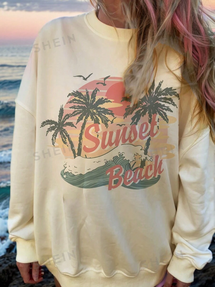 SHEIN EZwear Moletom feminino com capuz, manga longa, solto, com padrão ...