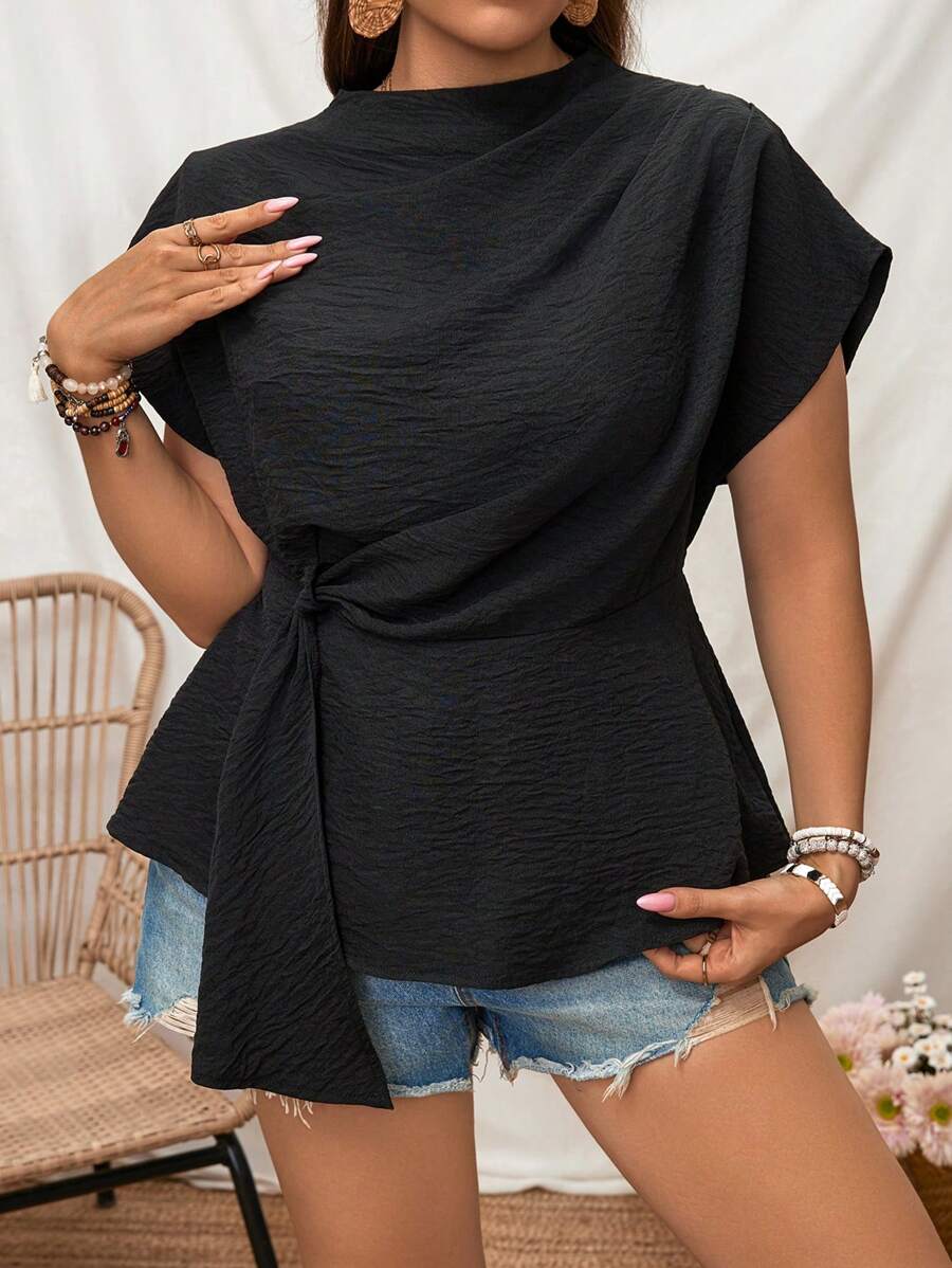 SHEIN Relaxiva Plus Size Women Solid Color Stand Collar Shirt With ...