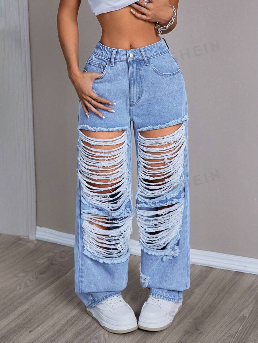 SHEIN ICON Women Distressed Ripped Washed Denim Jeans With Pockets ...