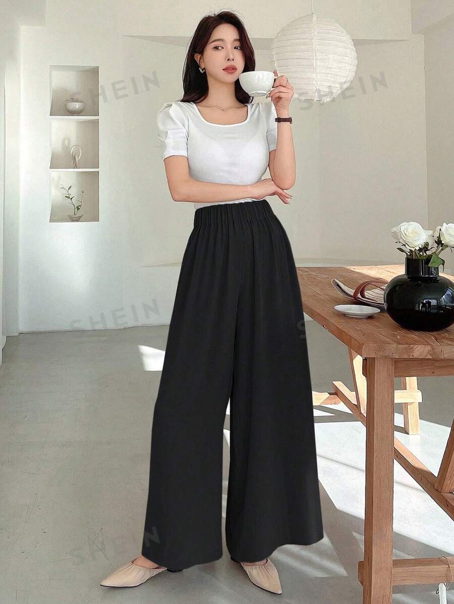 DAZY Pantalones anchos relajados para mujer con cintura elástica ...