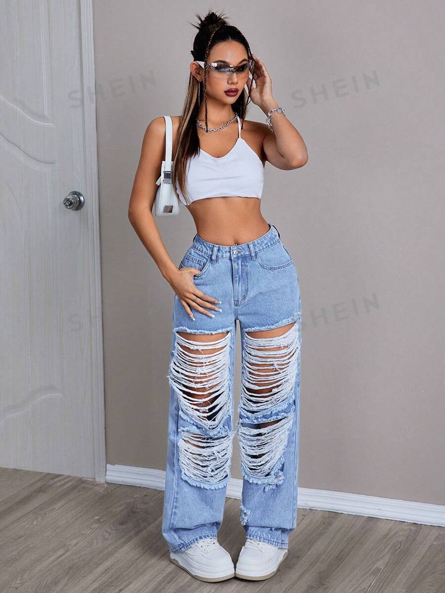 SHEIN ICON Women Distressed Ripped Washed Denim Jeans With Pockets ...