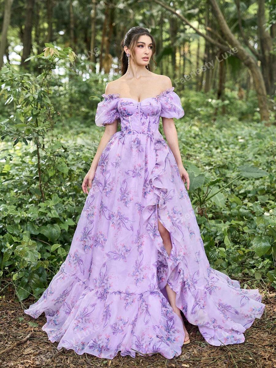 Faeriesty Ruffle Trim Off Shoulder Puff Sleeves Prom Dress Elegant Formal Evening Wedding Guest ...