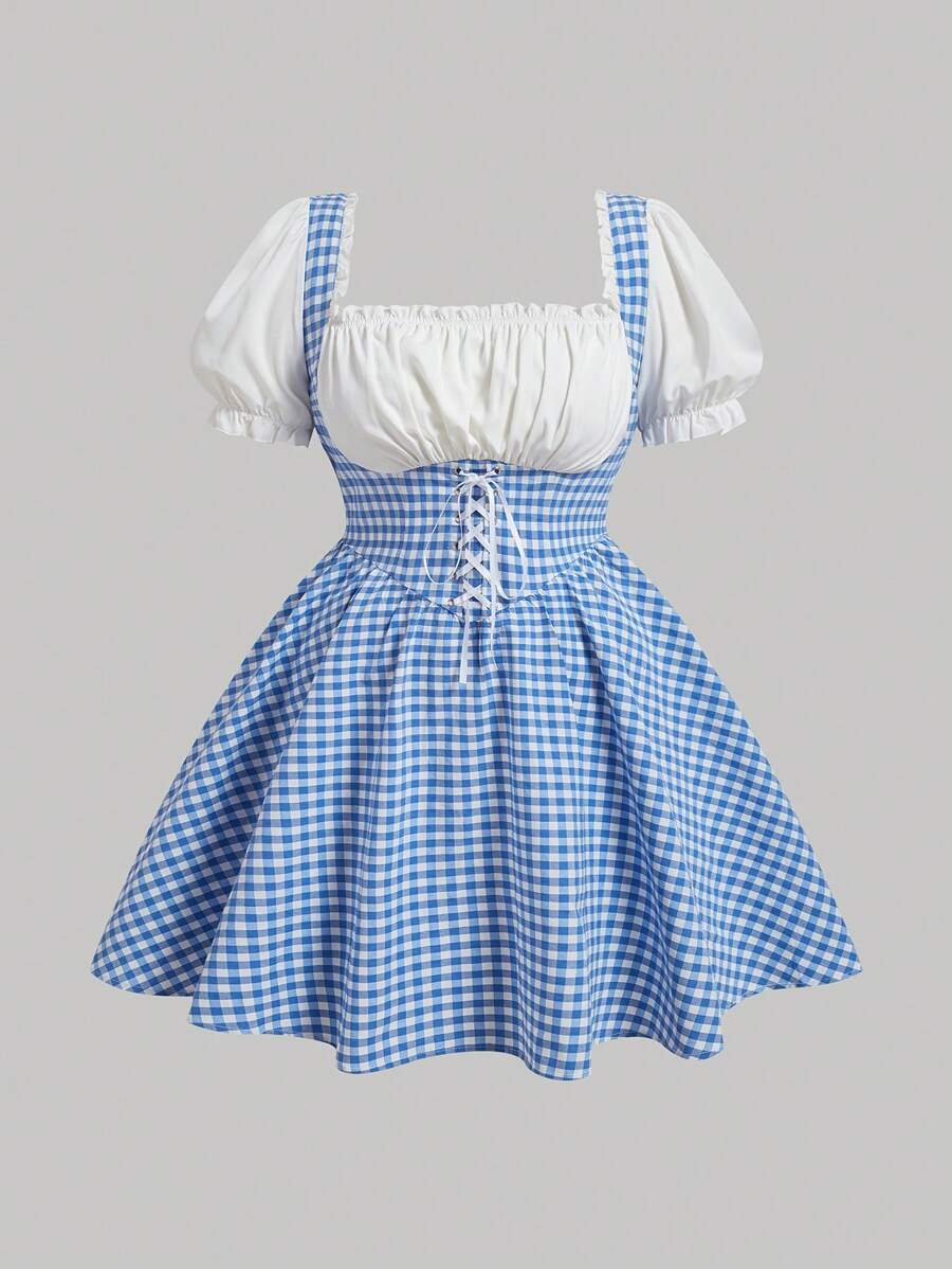 SHEIN MOD Plus Size Vintage Blue Plaid Patchwork Women Sundress, Summer ...