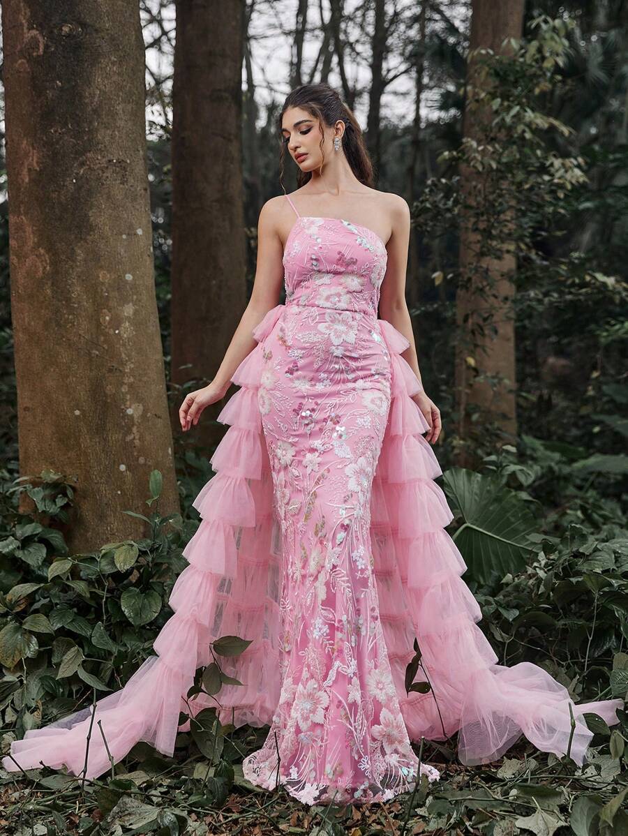 One Shoulder Floral Sequin Mesh Overlay Formal Dress Elegant Prom