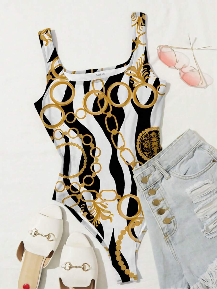 INAWLY Women's Summer Casual Colorblock Sleeveless Bodysuit With Chain ...