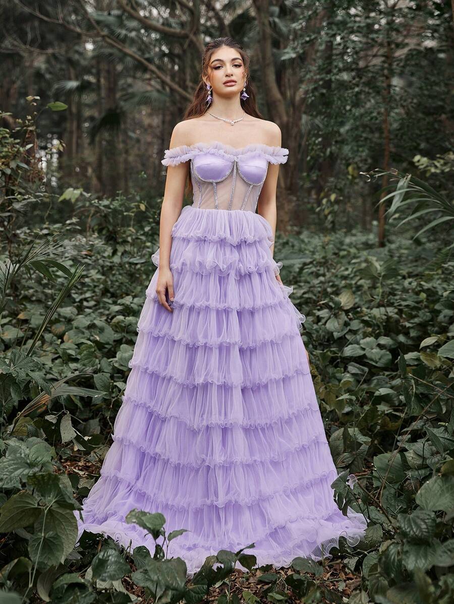 Sheer Mesh Bodice Cascading Ruffle Hem Prom Lilac Lavender Dress ...