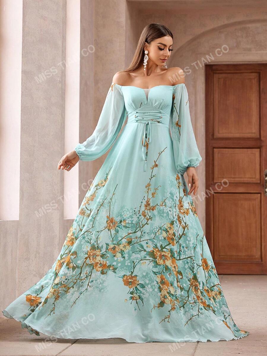 Robe maxi de soirée formelle pour femme, avec imprimé floral, épaules ...
