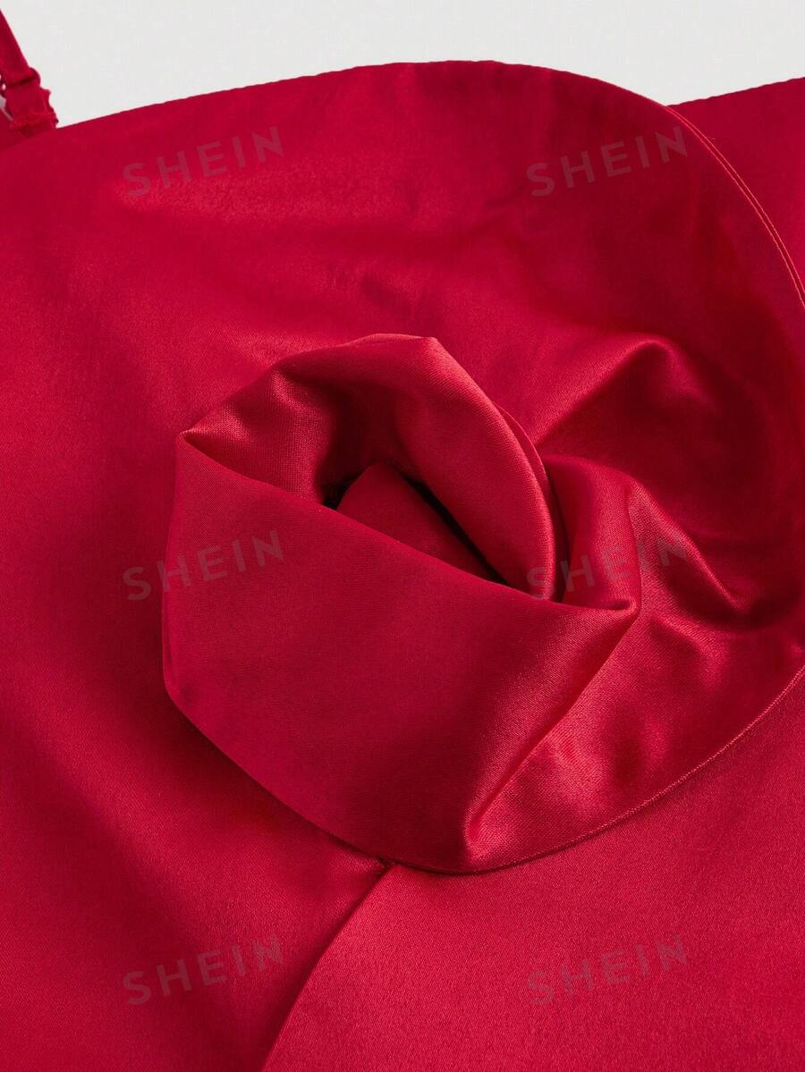 SHEIN MOD Red 3D Floral Pleated Maxi Cami Dress | SHEIN UK