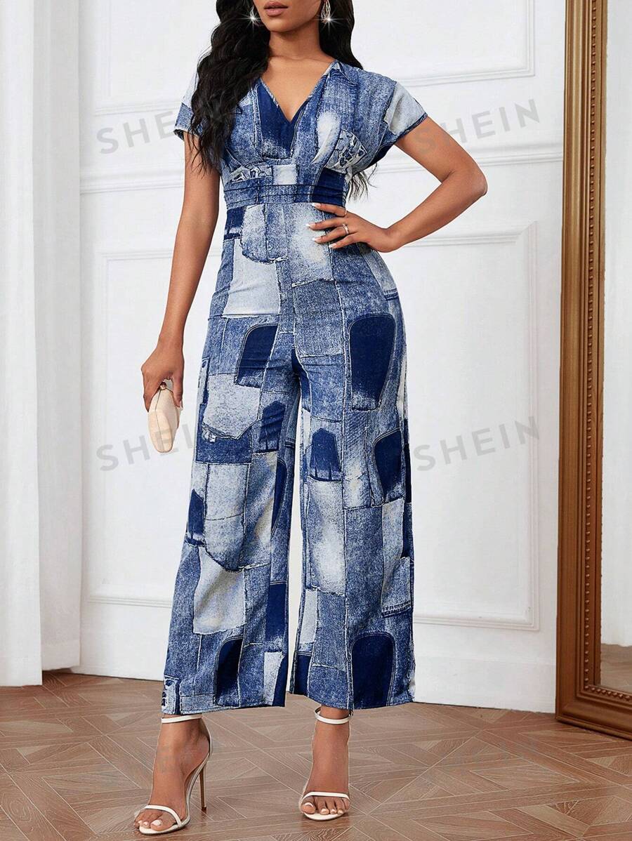 SHEIN Lady Women Jumpsuit With Pleats On Front, Wide Belt And Straight-Legged Pants, Color Block ...