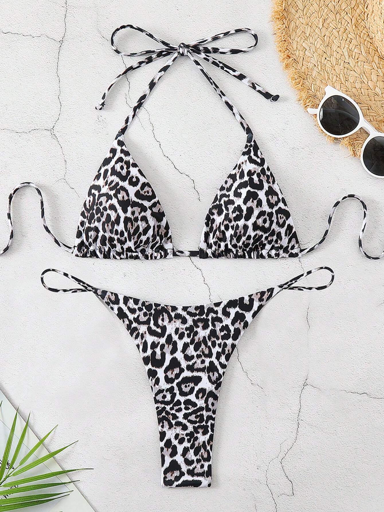 SHEIN Swim Women Summer Beach Leopard Print Halter Neck Bikini Set ...