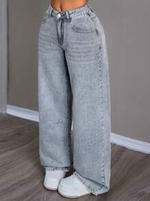 Jeanoix Women Plain Color Simple Zipper Fly Drop Waist Jeans | SHEIN USA