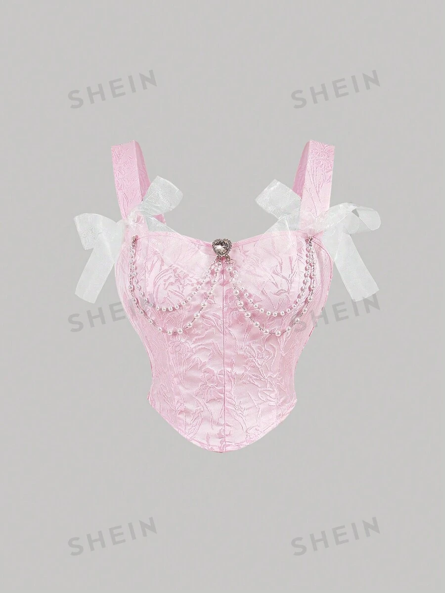 SHEIN MOD Pink Pearl Decorated Chain Mesh And Ribbon Vintage Tank Top ...