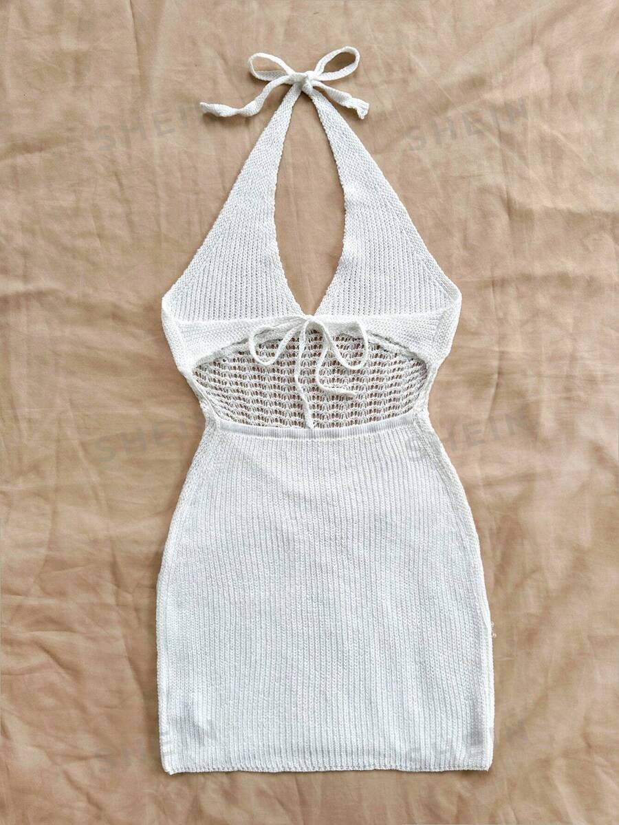 SHEIN WYWH Holiday Halter Backless Slim Knitted Dress With Neck Tie ...