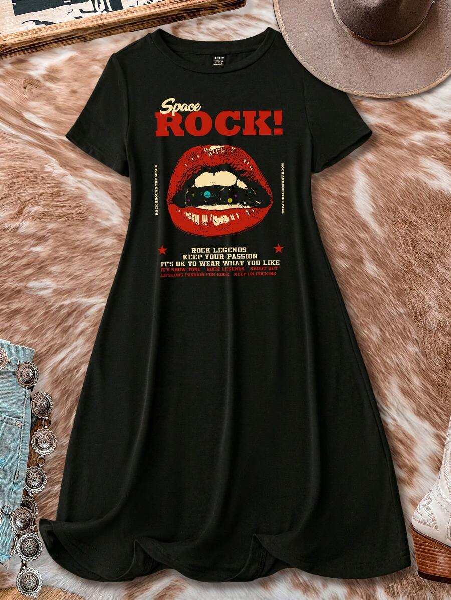 SHEIN LUNE Casual Rock Lip Print Round Neck Crop Sleeve Crop Dress, Fit ...