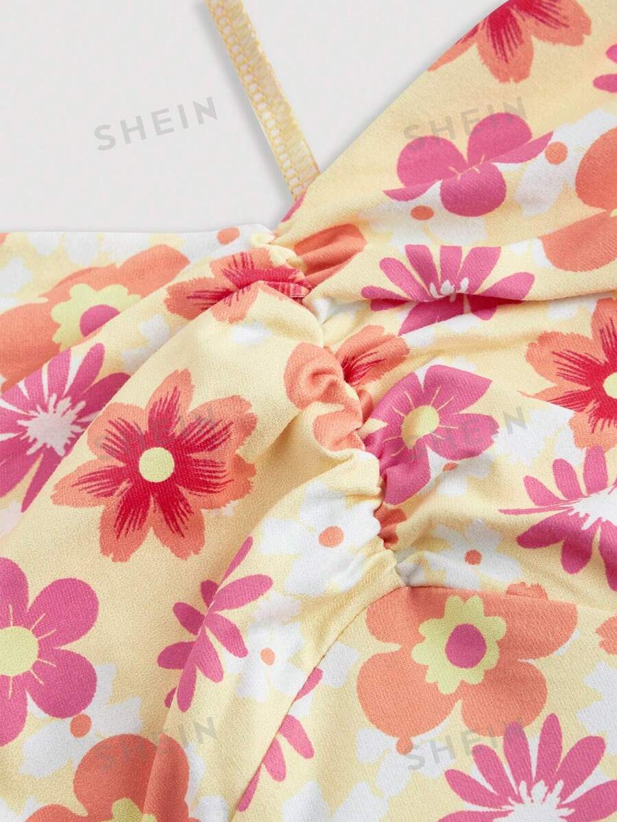 SHEIN MOD Yellow Flower Print Chicken Heart Neck Ruched Bust A-Line ...
