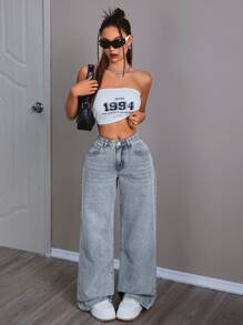 Jeanoix Women Plain Color Simple Zipper Fly Drop Waist Jeans | SHEIN USA