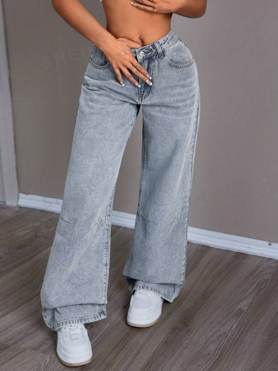 SHEIN EZwear Women Plain Color Simple Zipper Fly Drop Waist Jeans ...