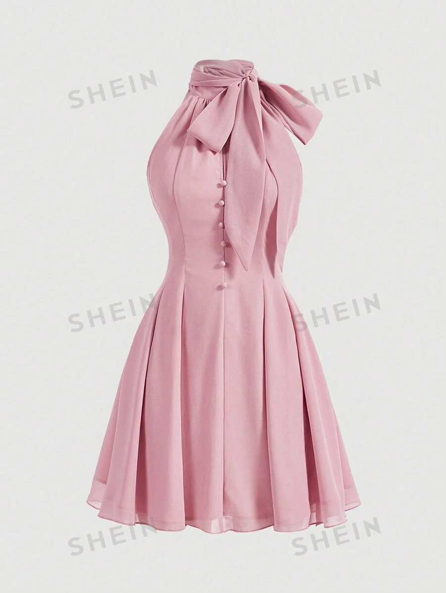 SHEIN MOD Pink Ribbon Bow Detail Tie Strap Neck Romantic Summer Dress ...