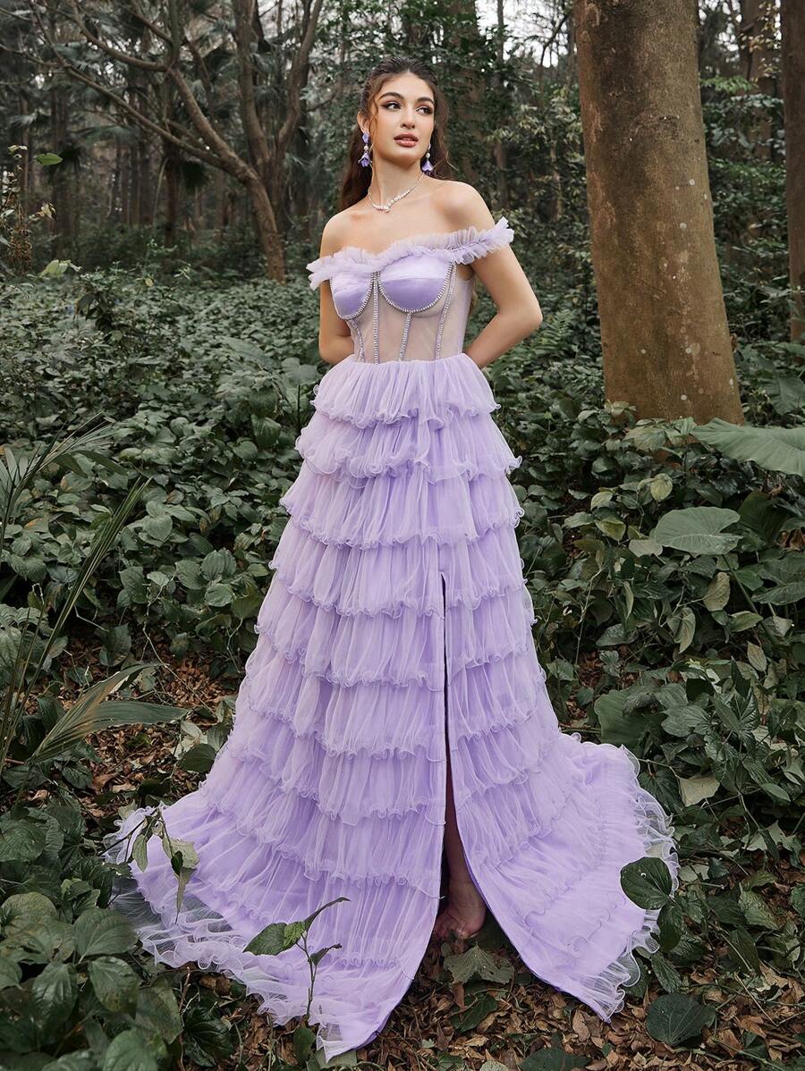 Sheer Mesh Bodice Cascading Ruffle Hem Prom Lilac Lavender Dress ...