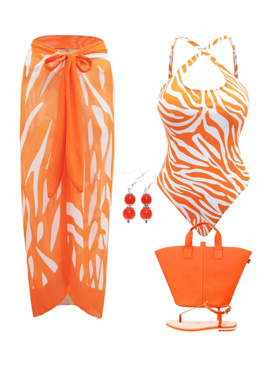 SHEIN Swim Curve Plus Size Summer Beach Spaghetti Strap Allover Print ...