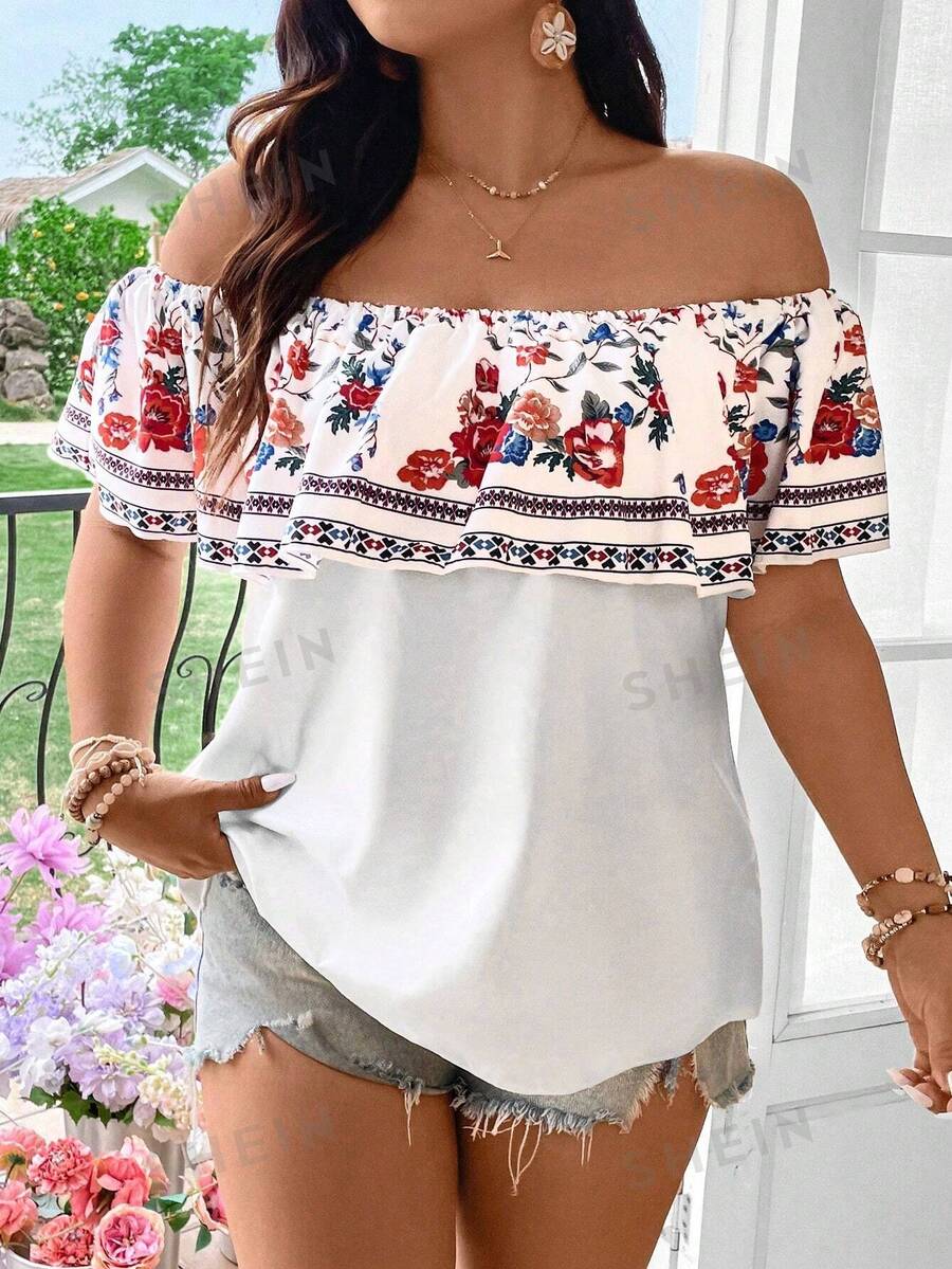 Shein Privé Plus Size Women Off Shoulder Simple Printed Shirt Shein Usa