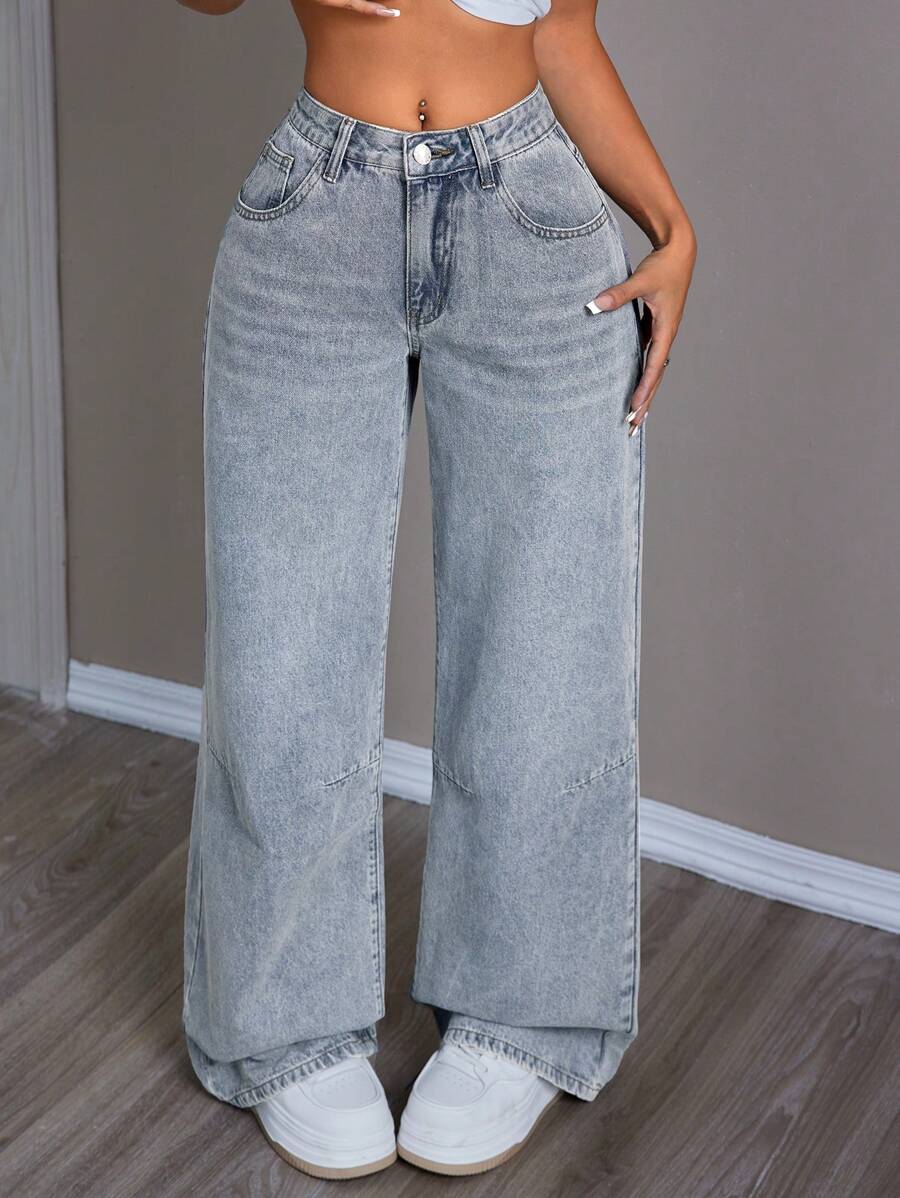 SHEIN EZwear Women Plain Color Simple Zipper Fly Drop Waist Jeans ...