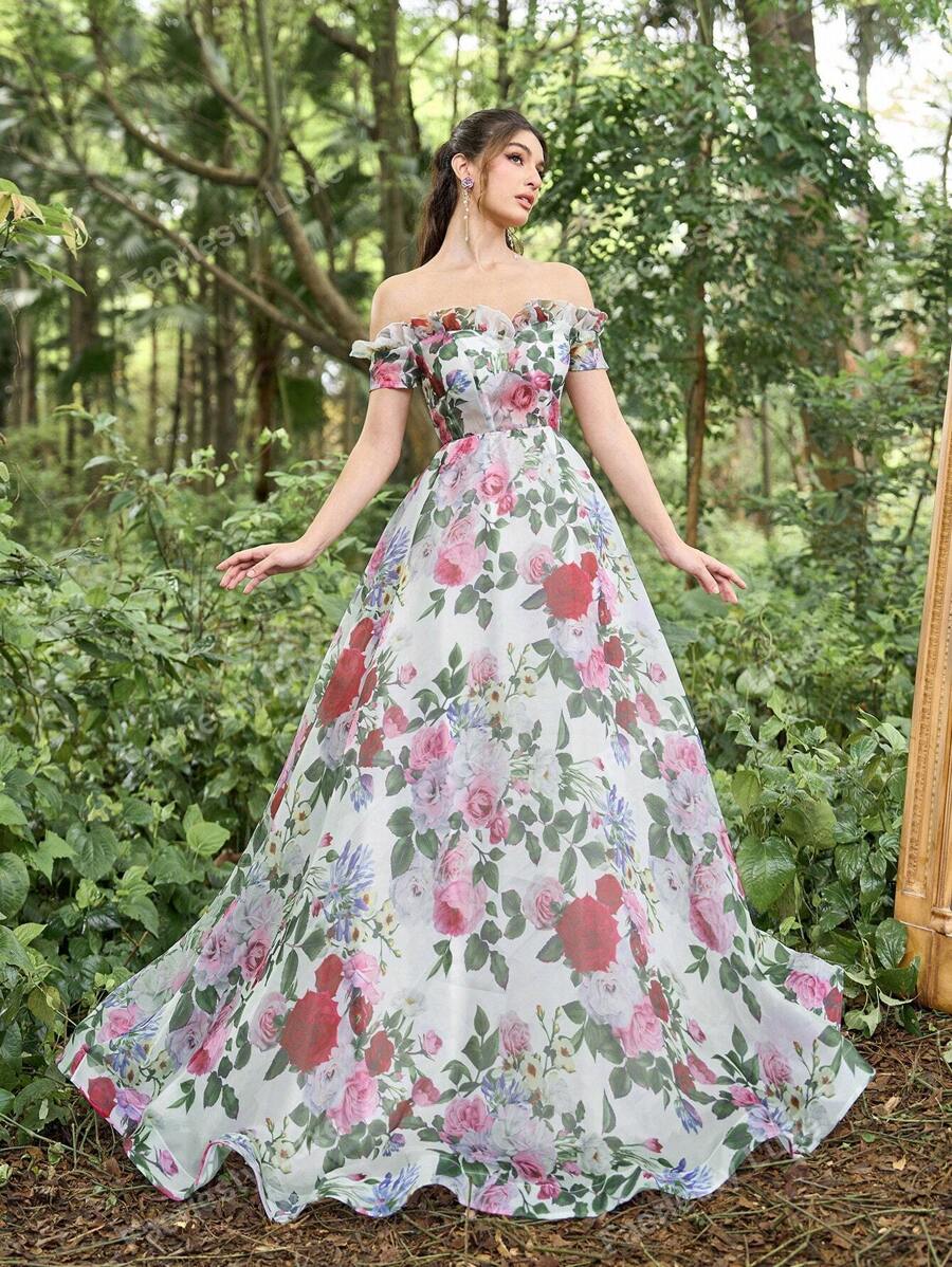 Luxe Off Shoulder Ruffle Trim Floral Printed Prom Dress | SHEIN USA
