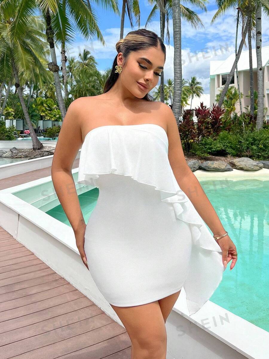 SHEIN SXY Elegant Asymmetrical Strapless Mini Dress With Ruffled Hem ...