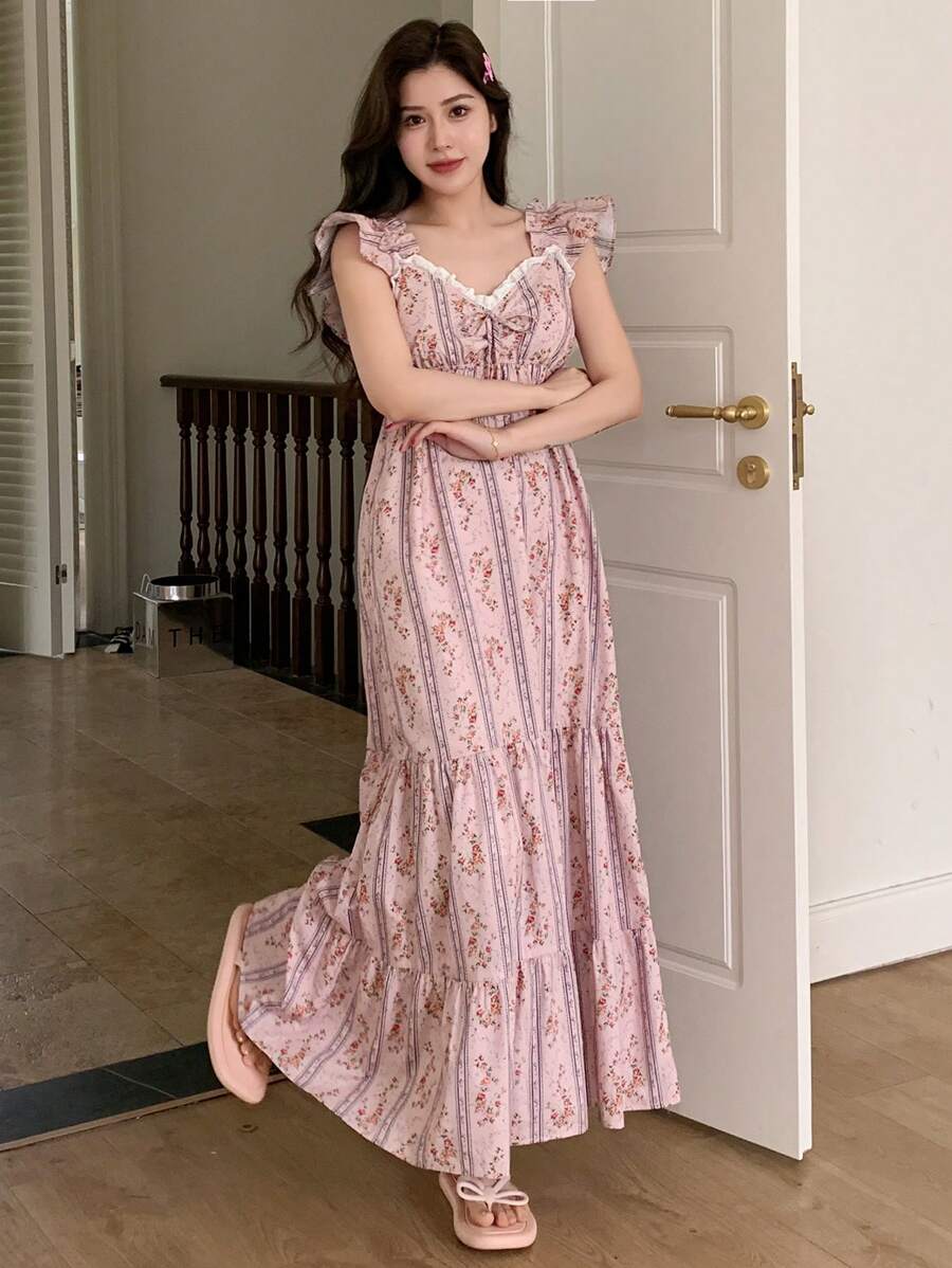 DAZY Women Romantic Floral Striped Dress With Ruffled Hem And Tie Waist | SHEIN USA