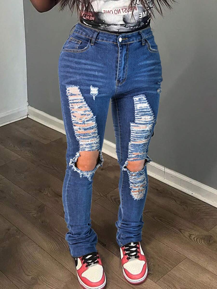 Women's Street Style Sexy Stretchy Ripped Skinny Flared Jeans With ...