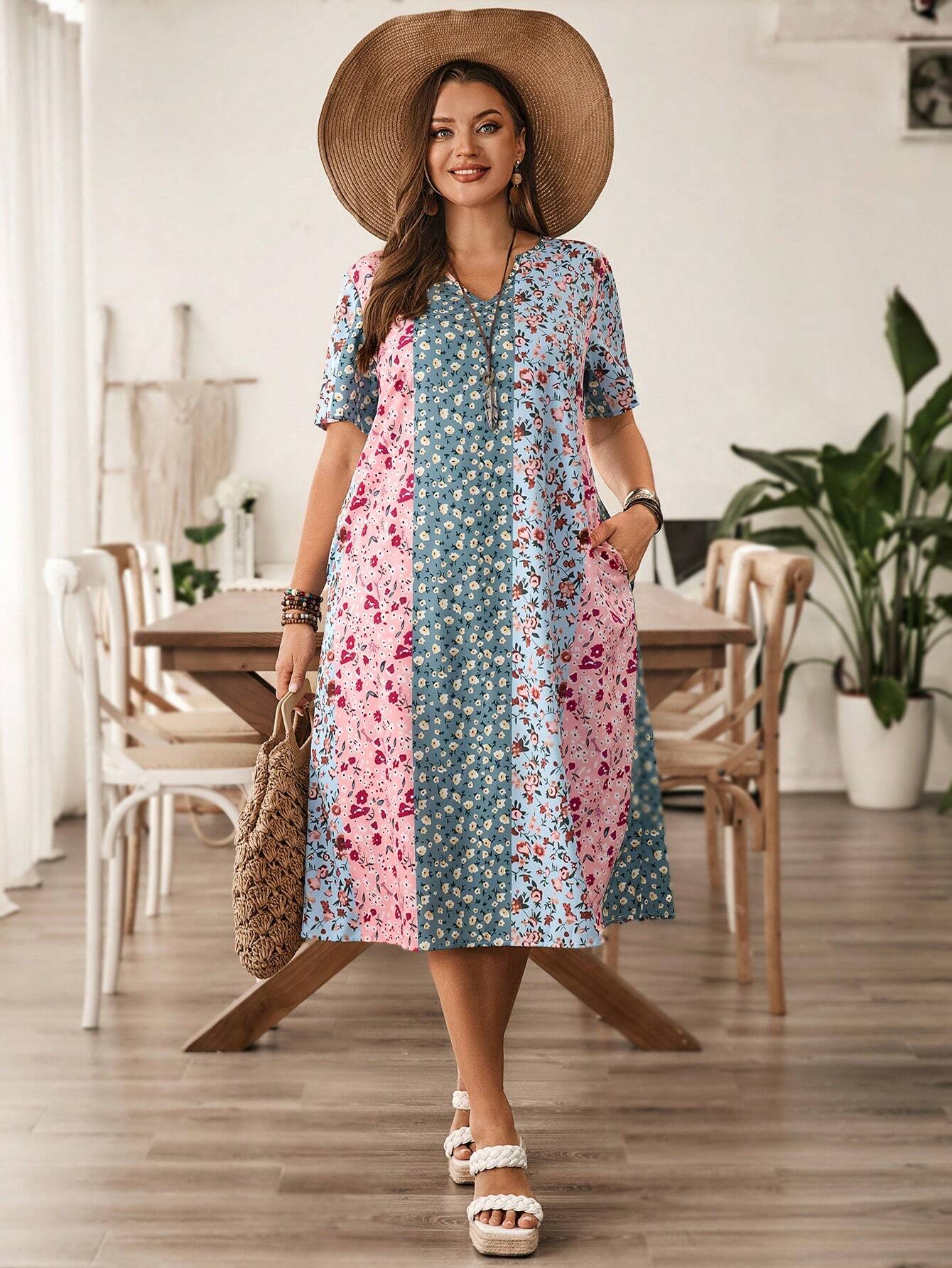 EMERY ROSE Robe d'été fleurie à poches et col en V grande taille ...