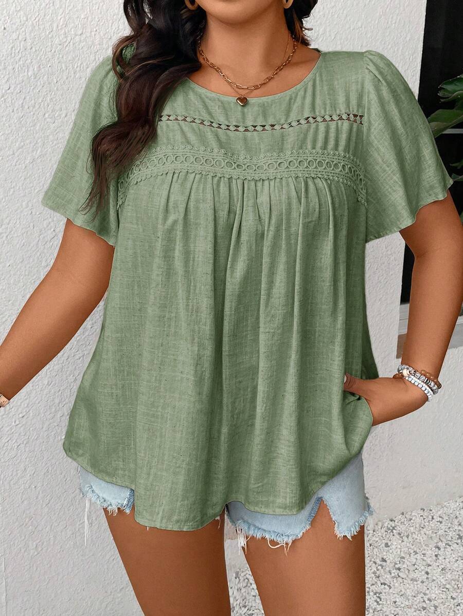 SHEIN Frenchy Plus Size Summer Casual Solid Color Lace Patchwork Short Sleeve Shirt | SHEIN USA