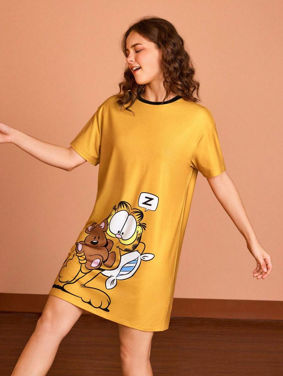 GARFIELD X SHEIN Women Cartoon Printed Contrast Neck Oversized Sleep T ...
