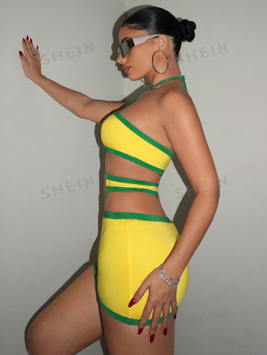 SHEIN ICON Y2k Summer Spring Outfits Vacation Outfits Summer Sexy Color Block Halter Brazilian ...