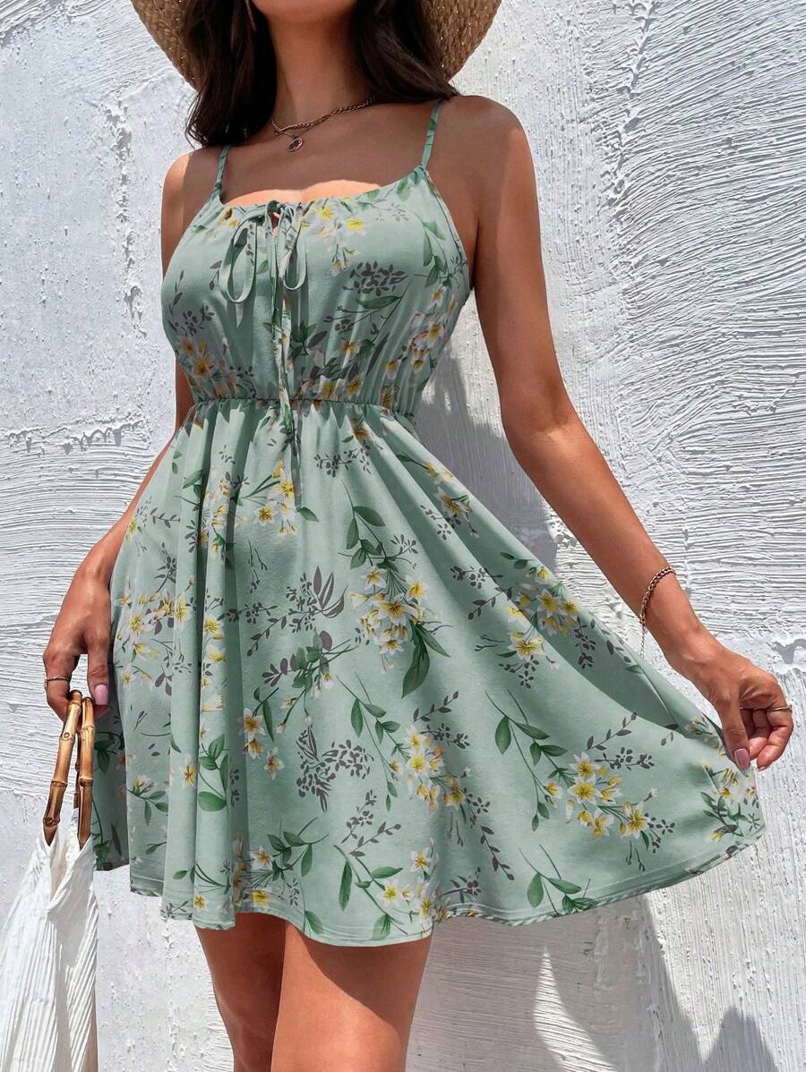 SHEIN Holidaya Flower Print Cinching Waist Strappy Sundress | SHEIN