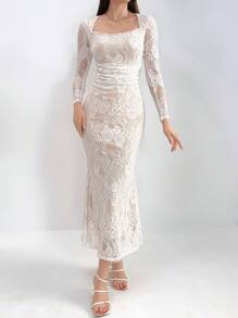 Modelyn Women's Solid Color Elegant Lace Decorated Long Sleeve Dress Long Evening Dresses ...