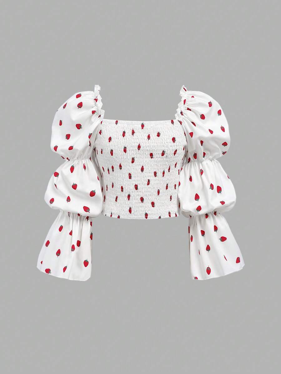 Tween Girls' Square Neck Lotus Sleeve Blouse With Strawberry Pattern ...