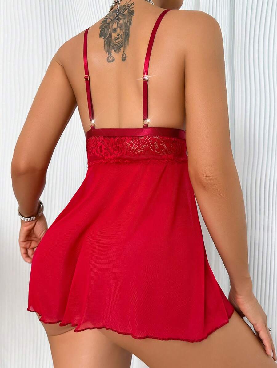 2pcs/Set Lady Sexy Lingerie Sleepwear With Lace And Mesh Contrast (Slip Dress + Thong) Lingerie ...