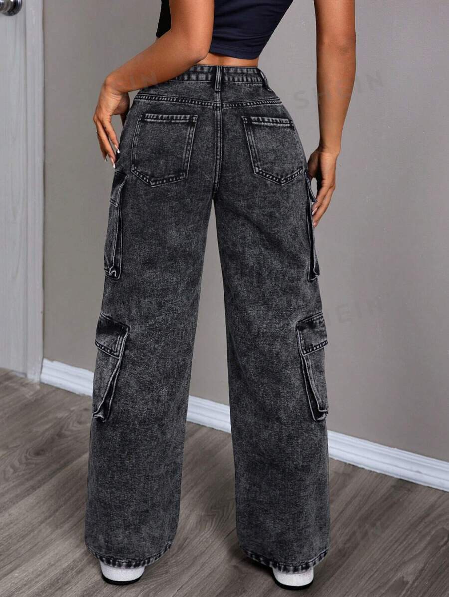 SHEIN PETITE Solid Color Y2K Style Button Front Straight Leg Jeans With ...