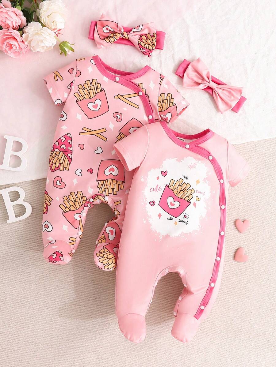 SHEIN Baby Girl French Fries Printed Pink Footed Romper Set For Spring ...