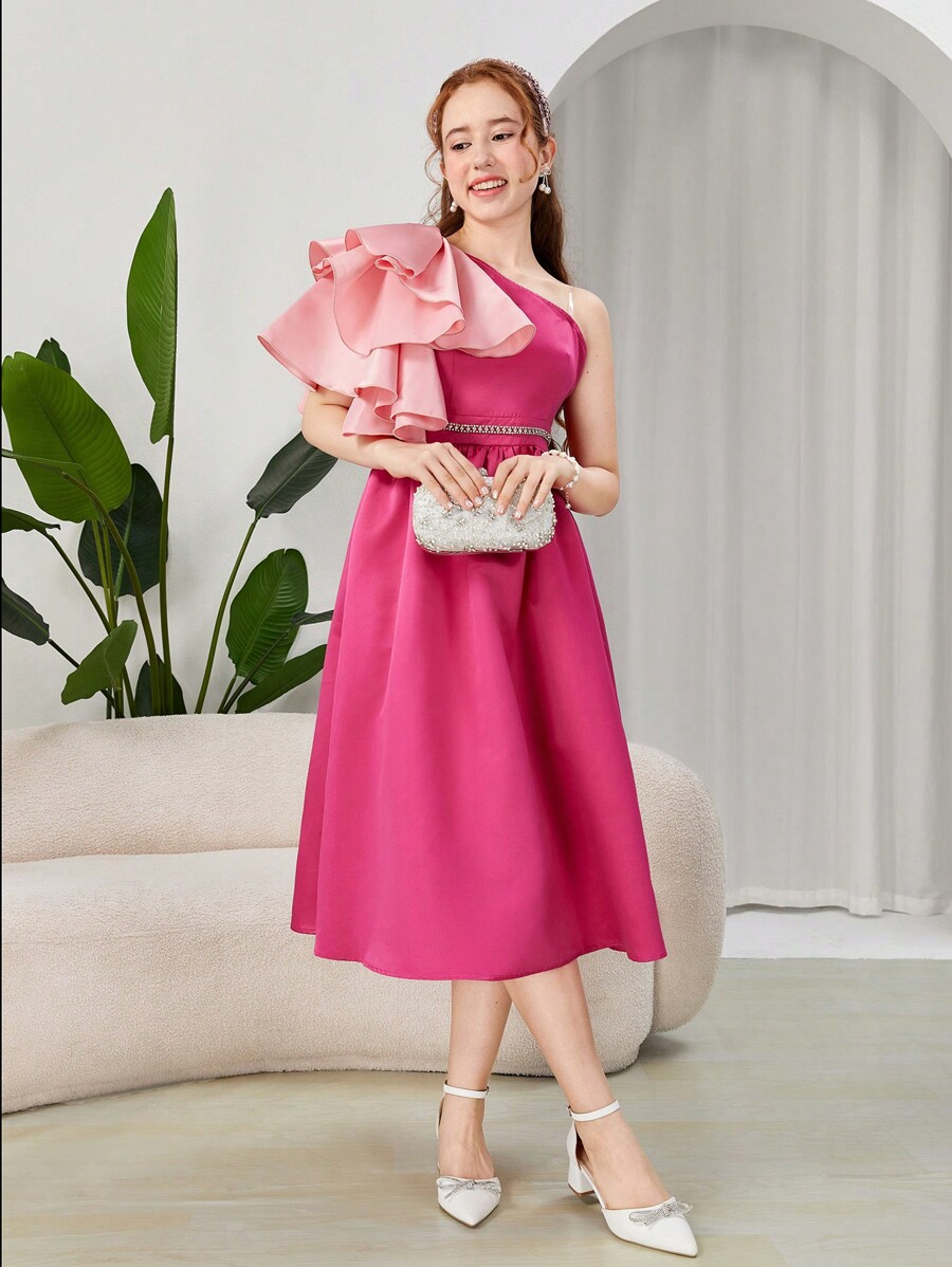 SHEIN Teenage Girls Elegant Pink Color Block Layered Ruffle Waist Belt ...