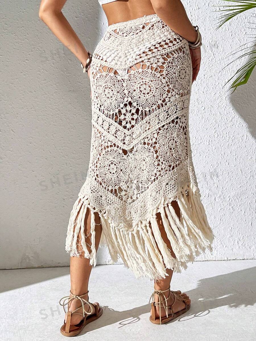 Shein Swim Vcay Womens Fashionable Hollow Out Fringed Hem Skirt Cover