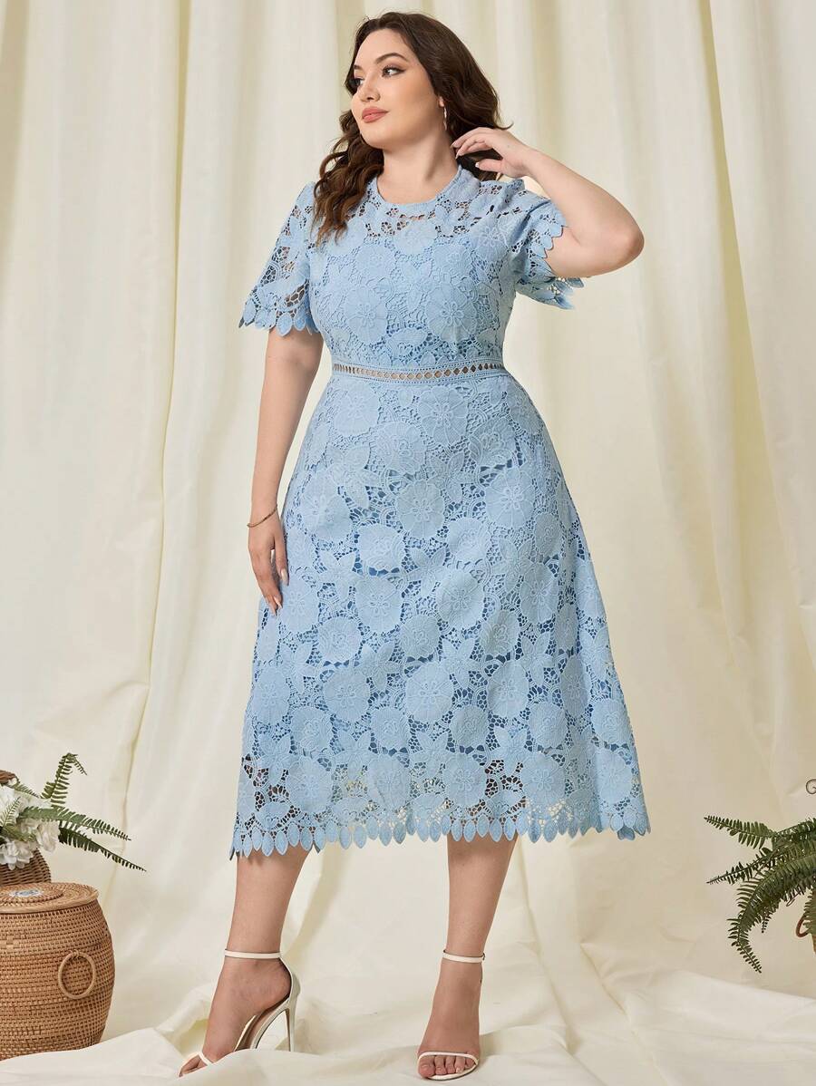 SHEIN Clasi Plus Size Elegant Solid Color Lace Waist Cinched Dress For Summer, Wedding Guest ...