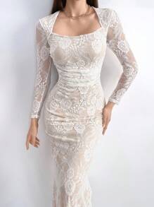 Modelyn Women's Solid Color Elegant Lace Decorated Long Sleeve Dress Long Evening Dresses ...