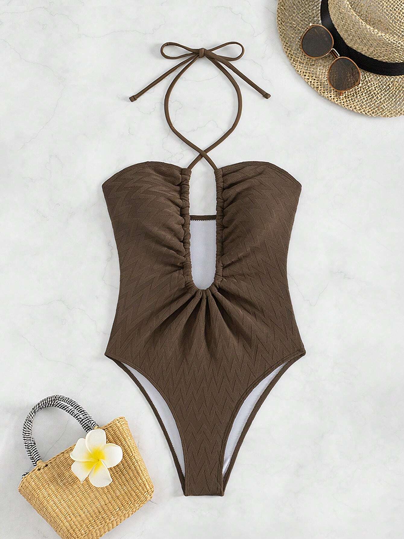 SHEIN X SAMADHI Women's Solid Color Crossed Ruched Halter One-Piece ...