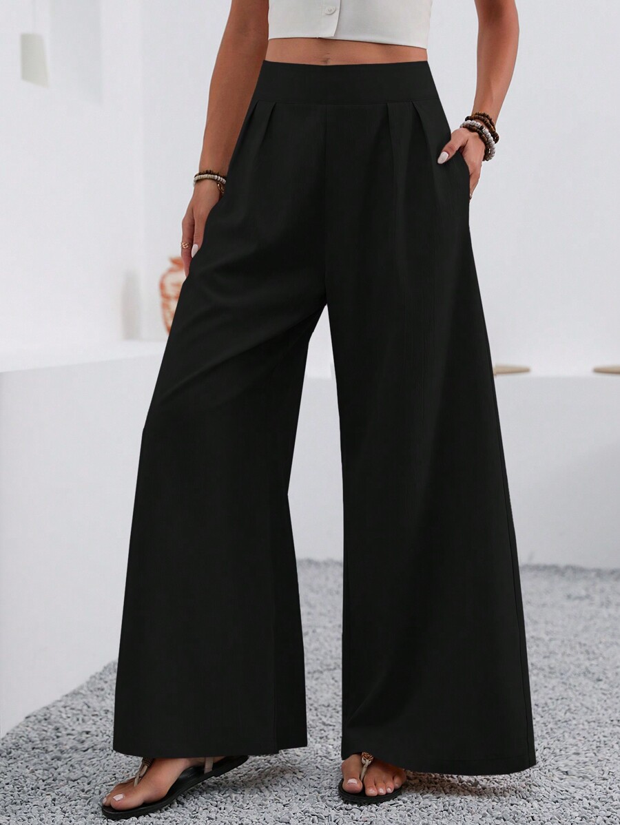 SHEIN VCAY Solid Color Loose Wide Leg Elegant Pants With Pocket | SHEIN USA