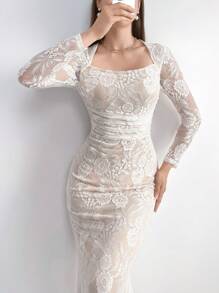 Modelyn Women's Solid Color Elegant Lace Decorated Long Sleeve Dress Long Evening Dresses ...